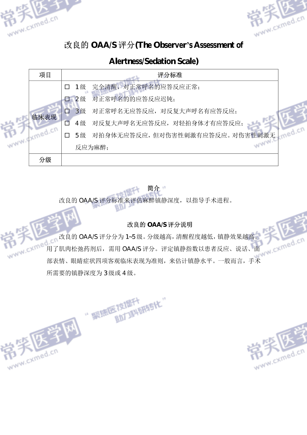 改良的OAA/S评分-常笑医学网