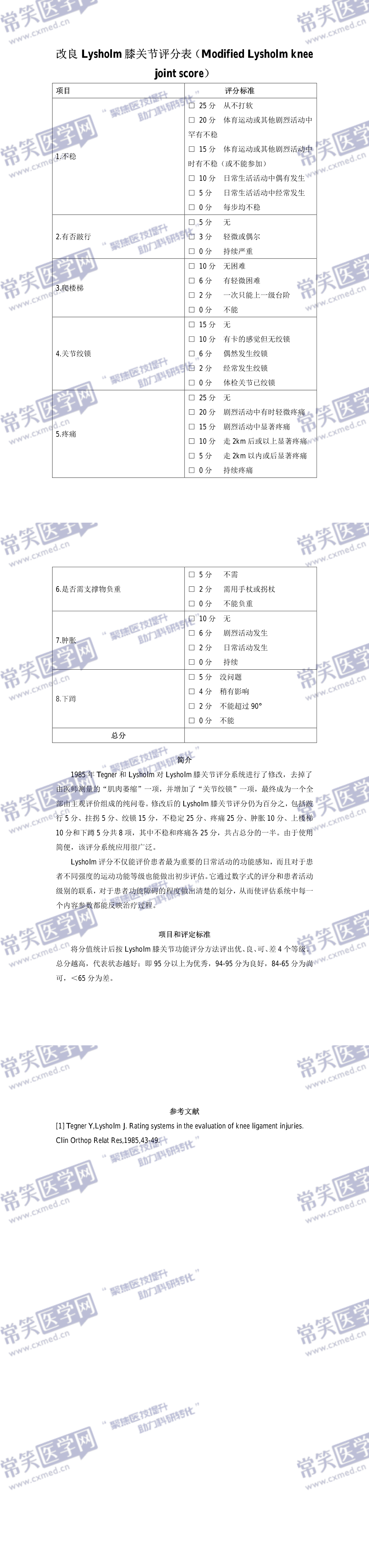 改良Lysholm膝关节评分表-常笑医学网