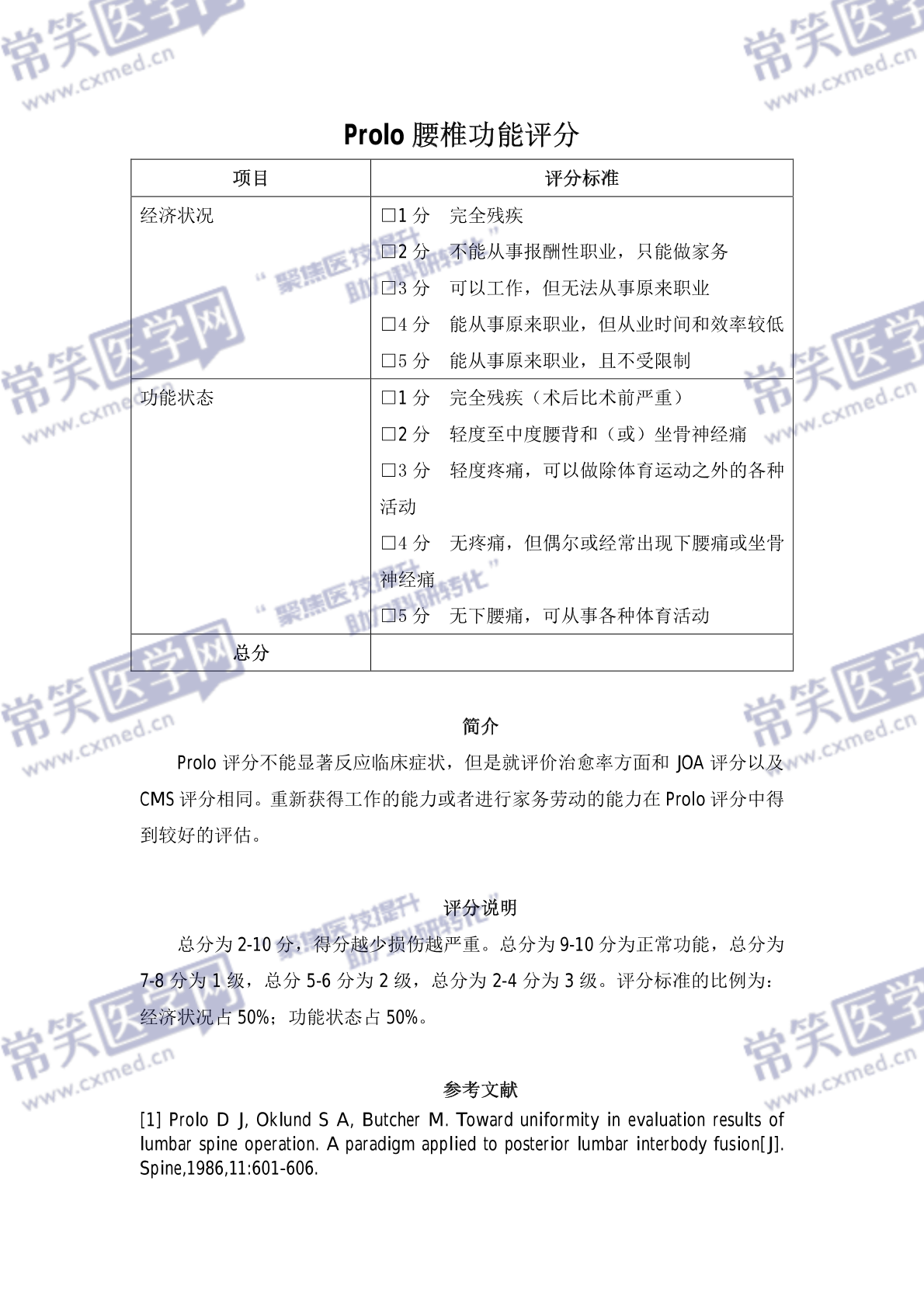 Prolo腰椎功能评分-常笑医学网
